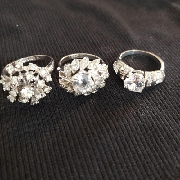 Jewelry | Set Of 3 Bulky Silver Tone Clear Stone Rings | Poshmark